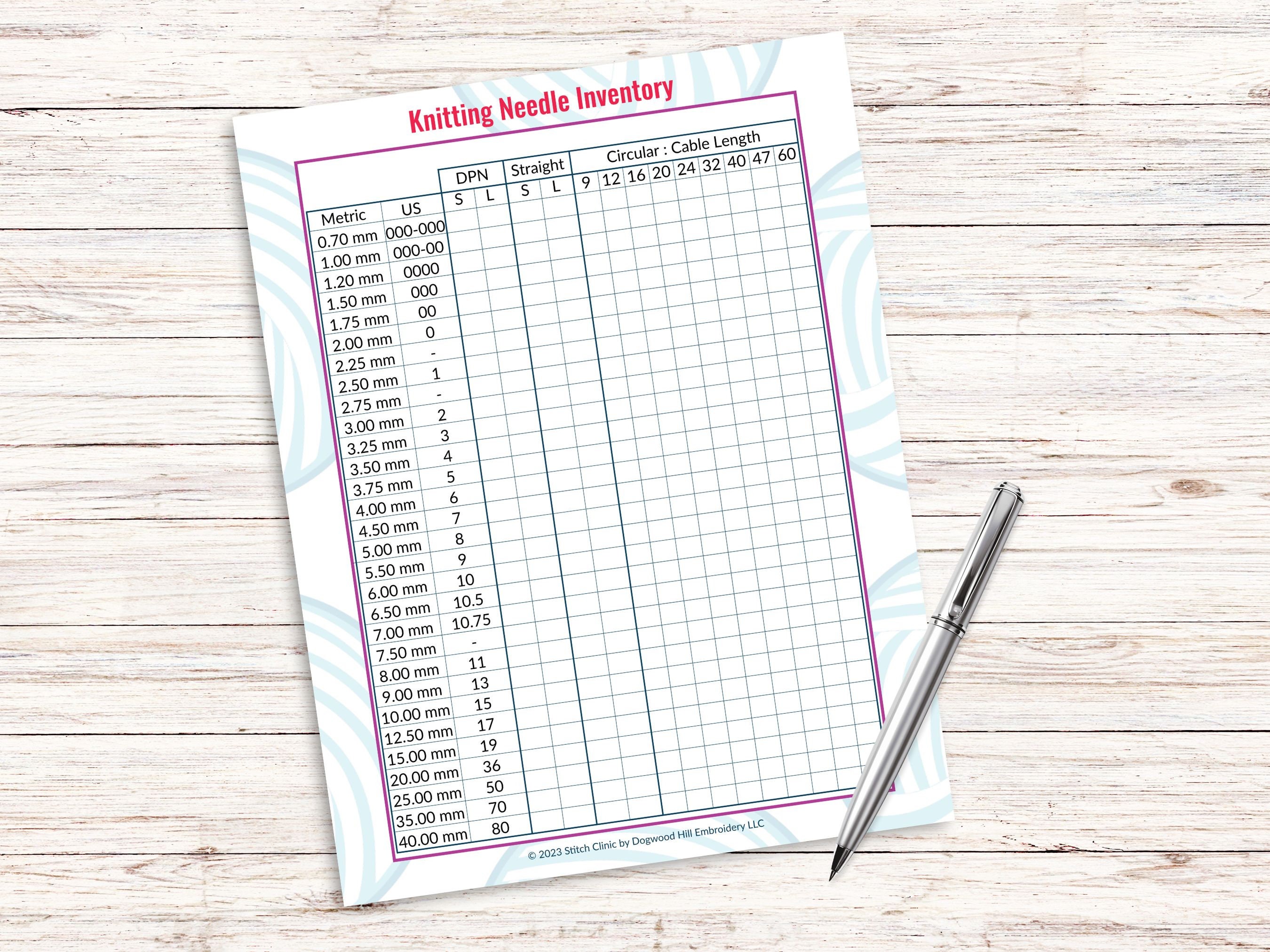 Knitting Needle Inventory Chart: Sizes & Types (digital Download) - Etsy