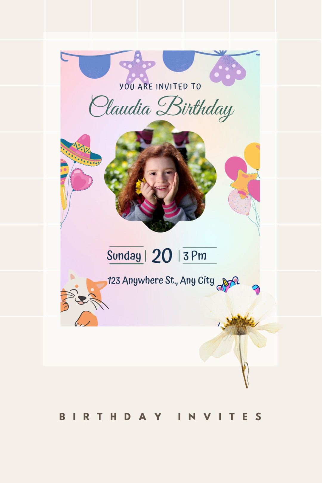 Colorful Illustrated Birthday Invitation Portrait Print Card - Etsy