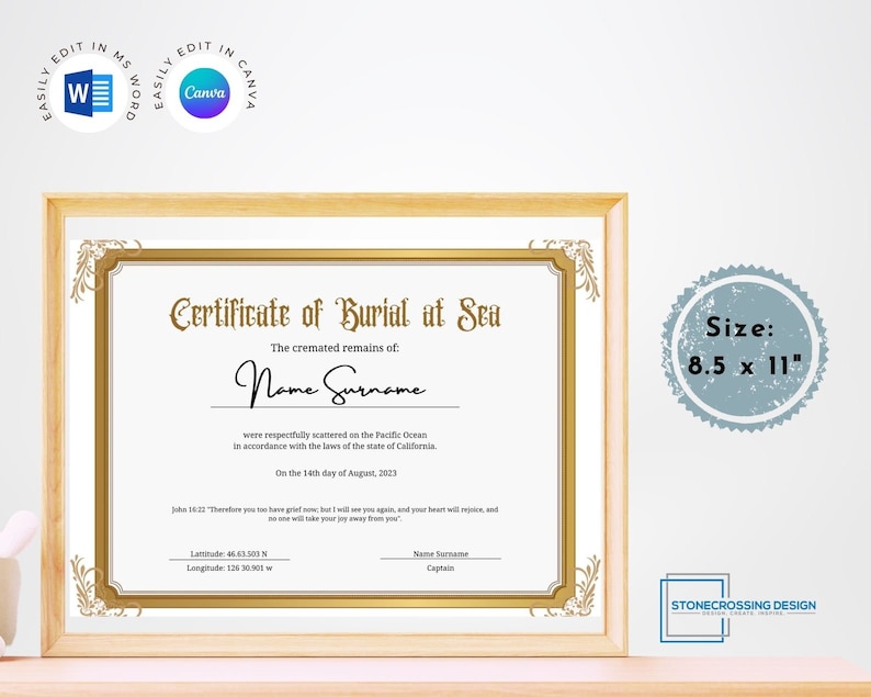 Editable Certificate of Burial Template. Award Template. Printable ...