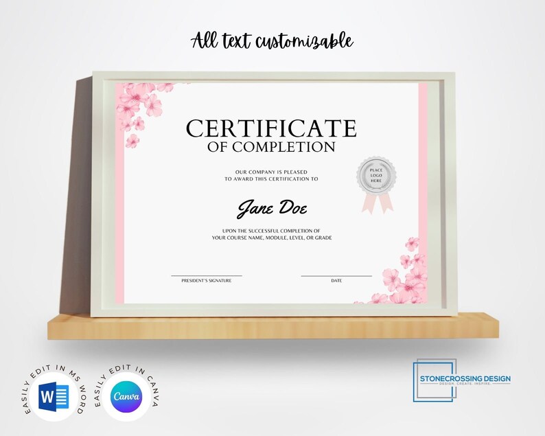 Editable Certificate of Completion Template. Award Template. Printable ...