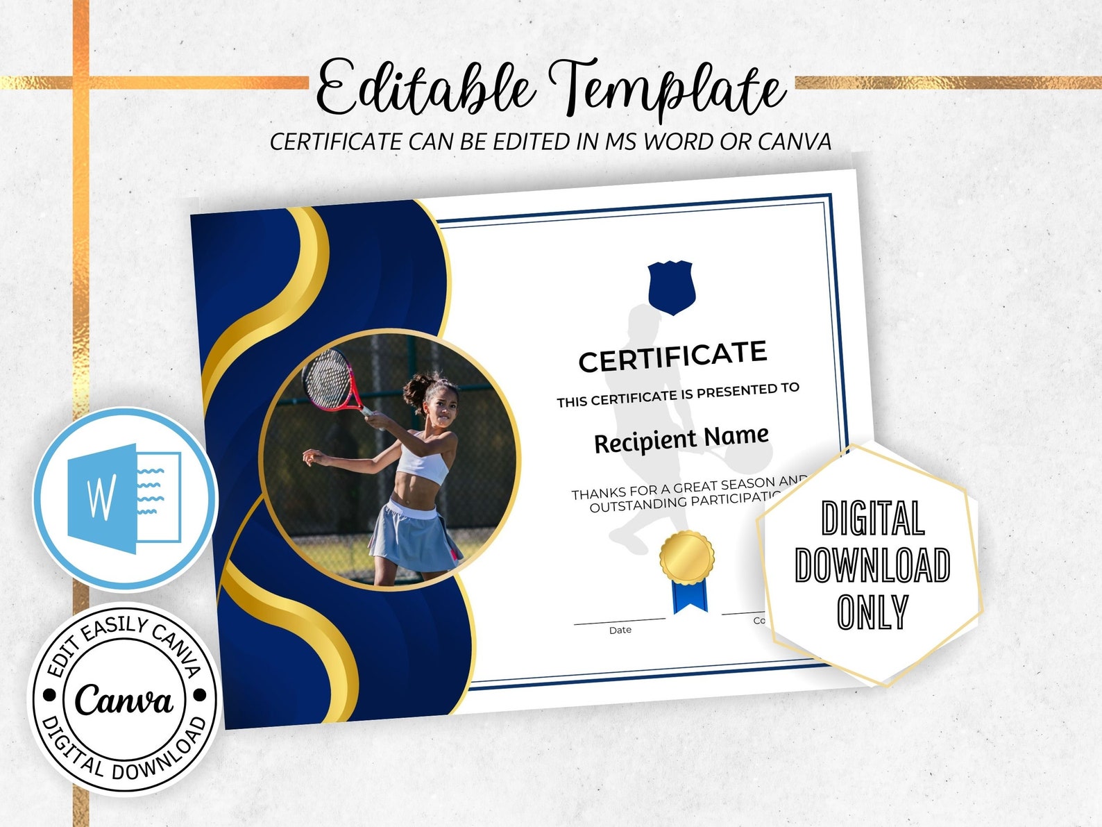 Editable Tennis Sports Certificate Template With Photo. Award. - Etsy