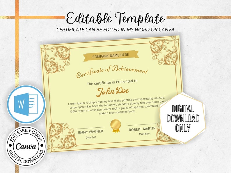 Editable Certificate of Achievement Template. Award Template. - Etsy