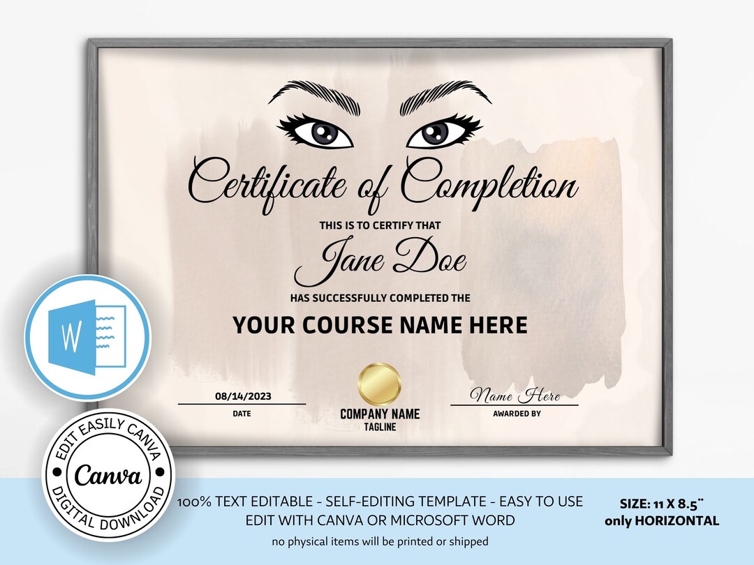 Editable Certificate of Completion Template. Award Template. - Etsy