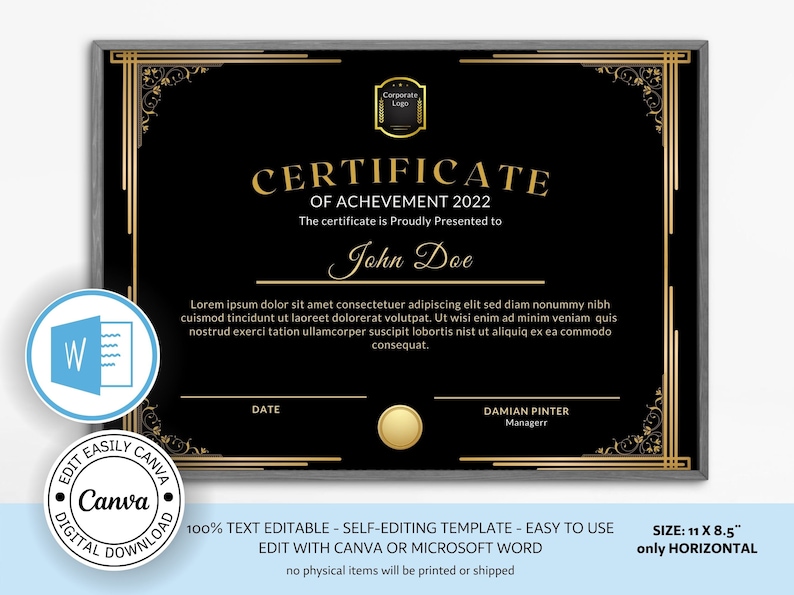 Editable Certificate of Achievement Template. Award Template. - Etsy