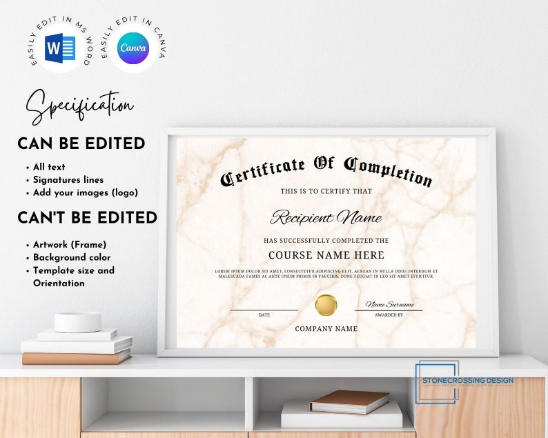 Editable Certificate of Completion Template. Award Template. Printable ...