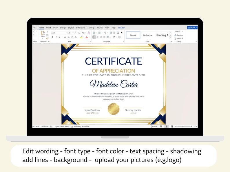 Editable Certificate of Appreciation Template. Award Template. - Etsy