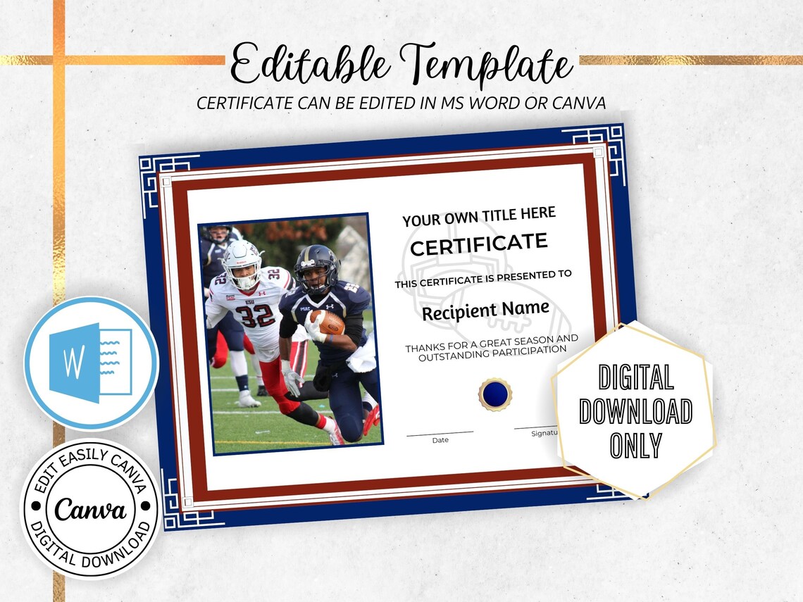 Editable Football Sports Certificate Template With Photo. - Etsy