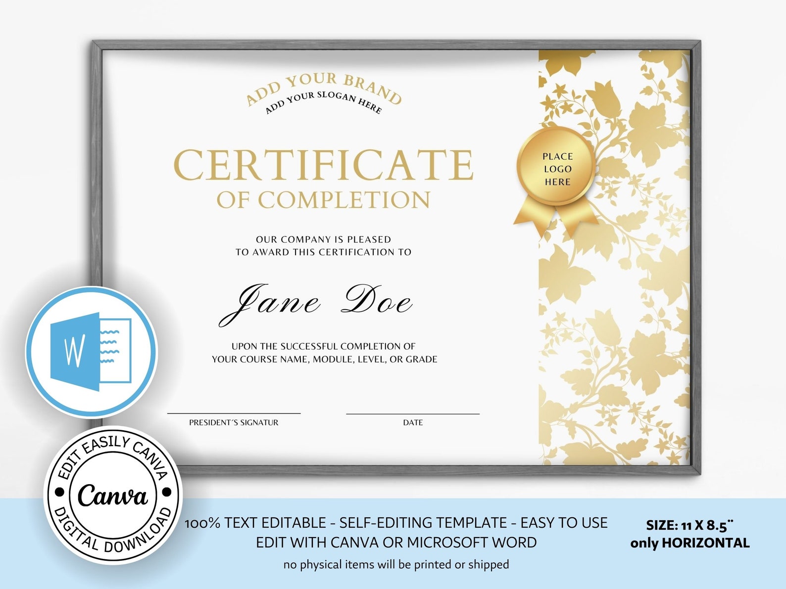 Editable Certificate of Completion Template. Award Template. - Etsy