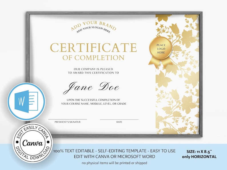 Editable Certificate of Completion Template. Award Template. - Etsy