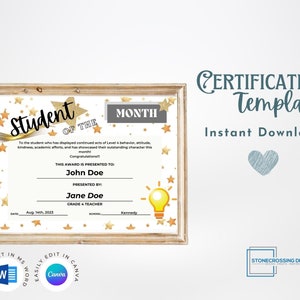 Editable Student of the Month Certificate Template. Student Certificate ...