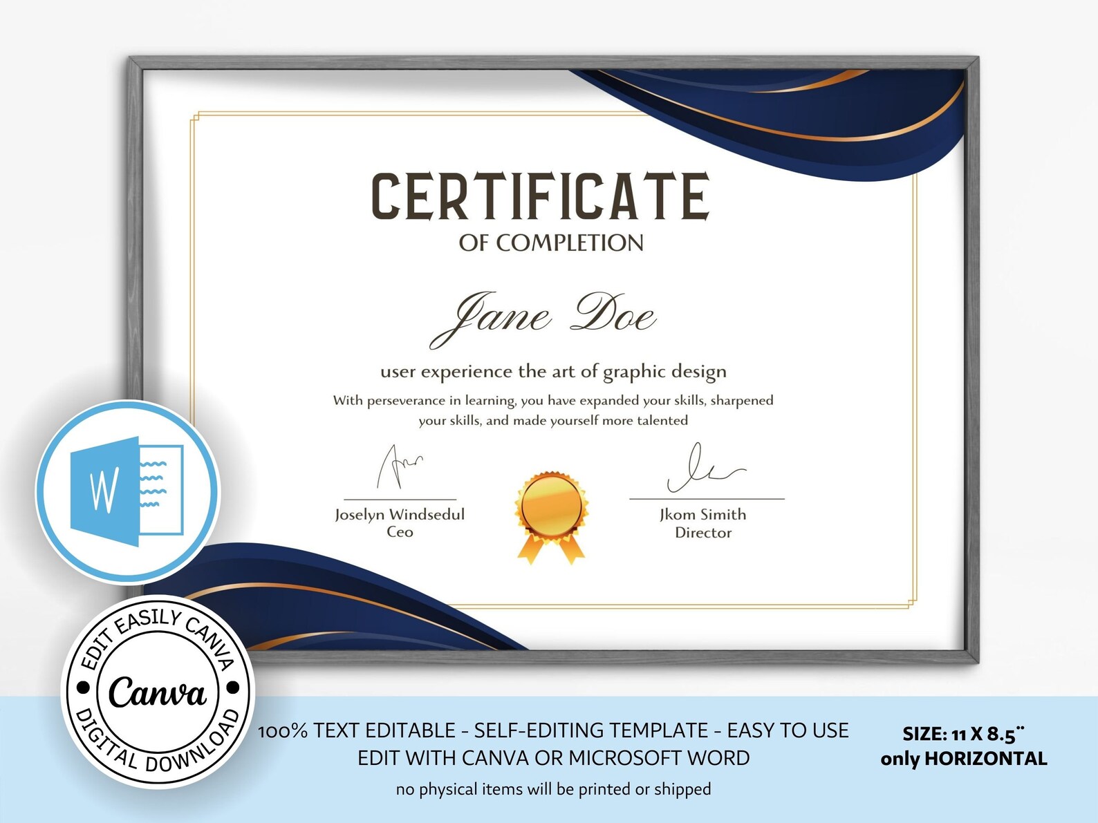 Editable Certificate of Completion Template. Award Template. - Etsy