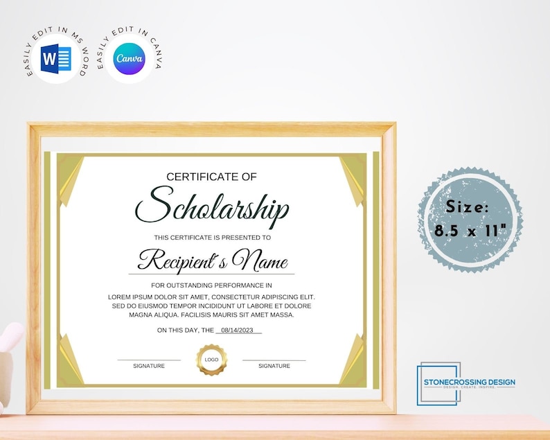 Editable Certificate of Scholarship Template. Award Template. Printable ...