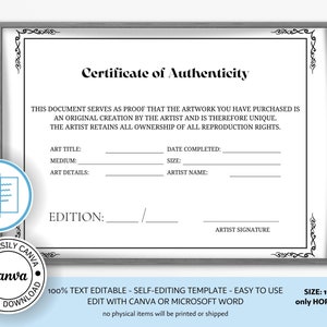 Editable Certificate of Authenticity Template. Authenticity - Etsy