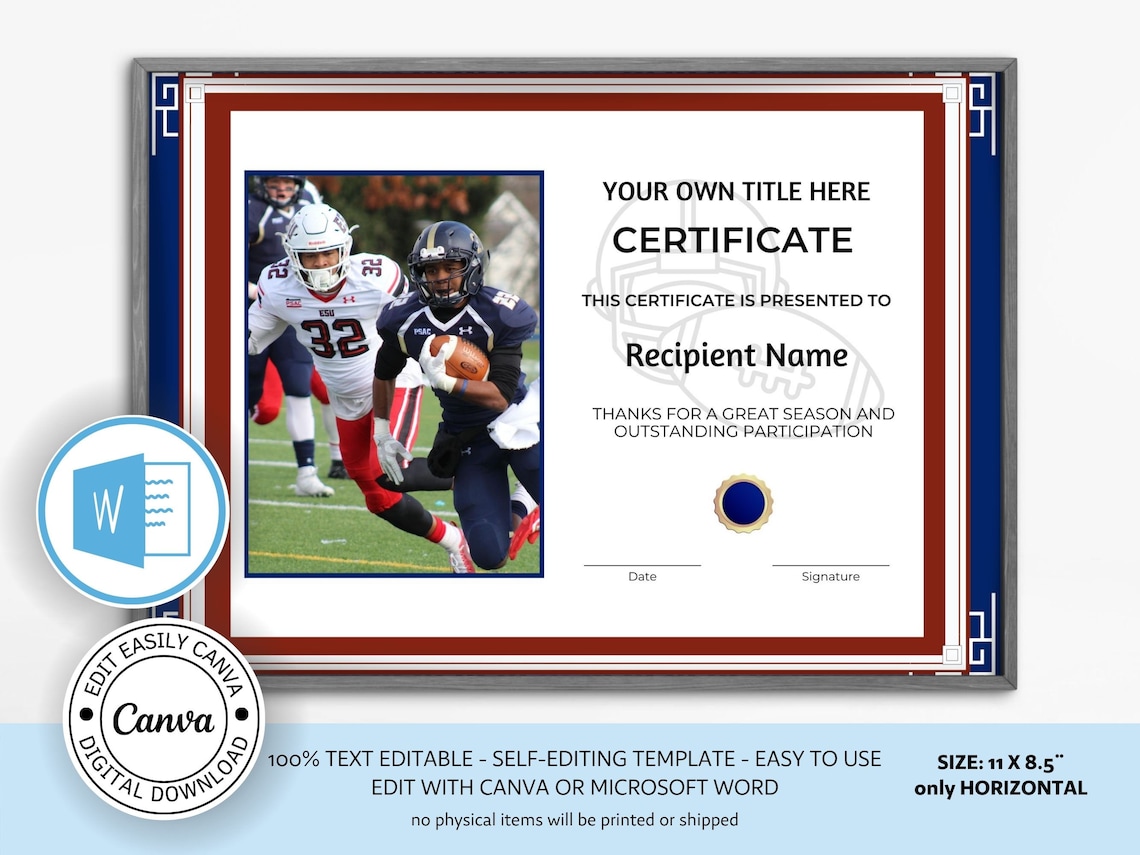 Editable Football Sports Certificate Template With Photo. - Etsy