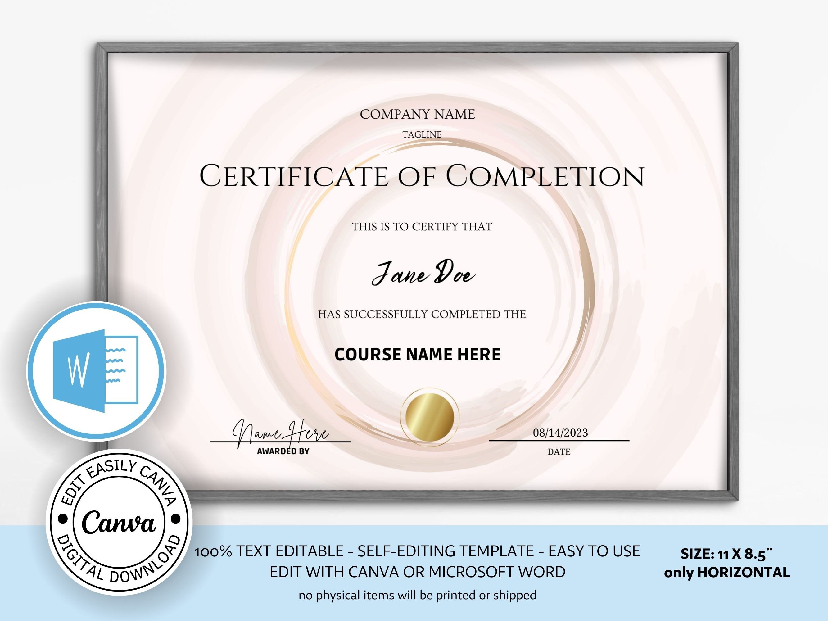 Editable Certificate of Completion Template. Award Template. - Etsy