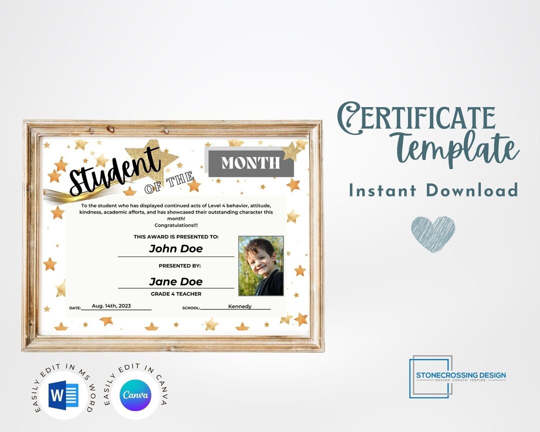 Editable Student of the Month Certificate Template. Student Certificate ...