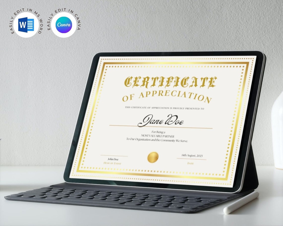 Editable Certificate of Appreciation Template. Award Template. - Etsy