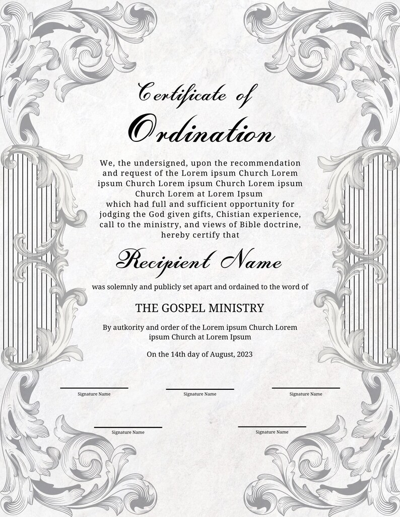 Editable Certificate of Ordination Template. Ordained - Etsy
