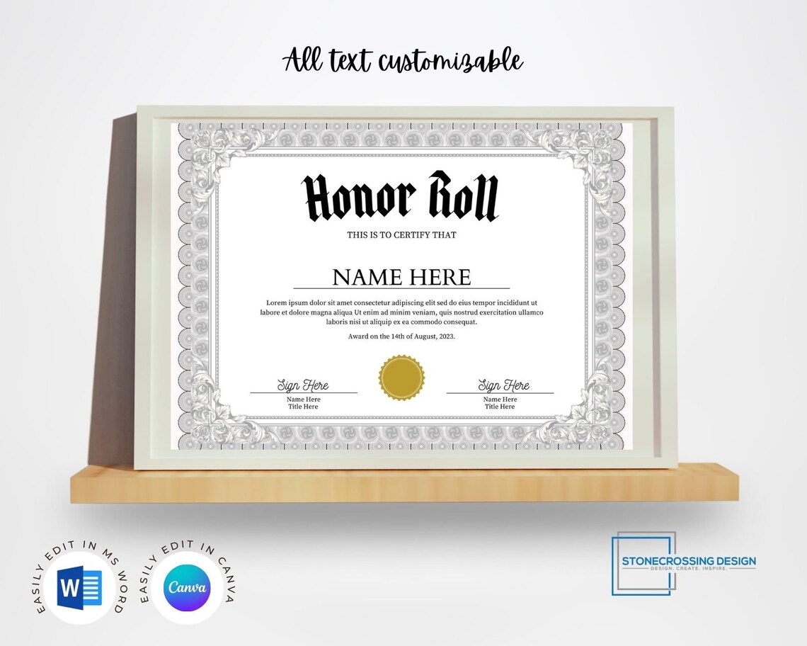 Editable Certificate of Honor Roll. Recognizing Academic Excellence ...