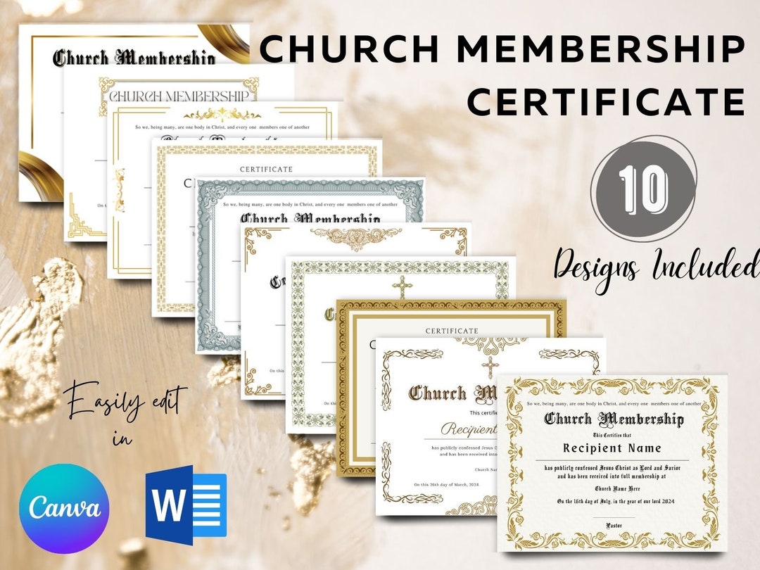 Complete Set of 10 Church Membership Certificates, 10 DIY Church ...