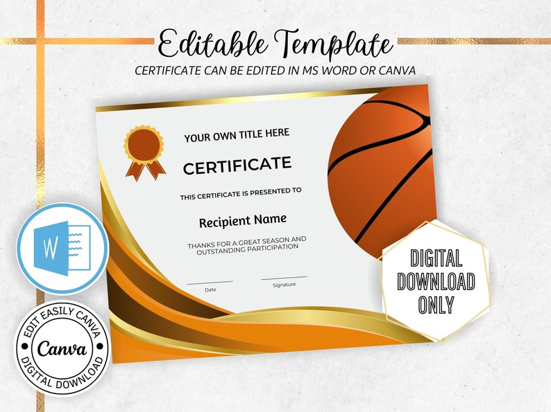 Editable Basketball Sports Certificate Template With Photo. - Etsy