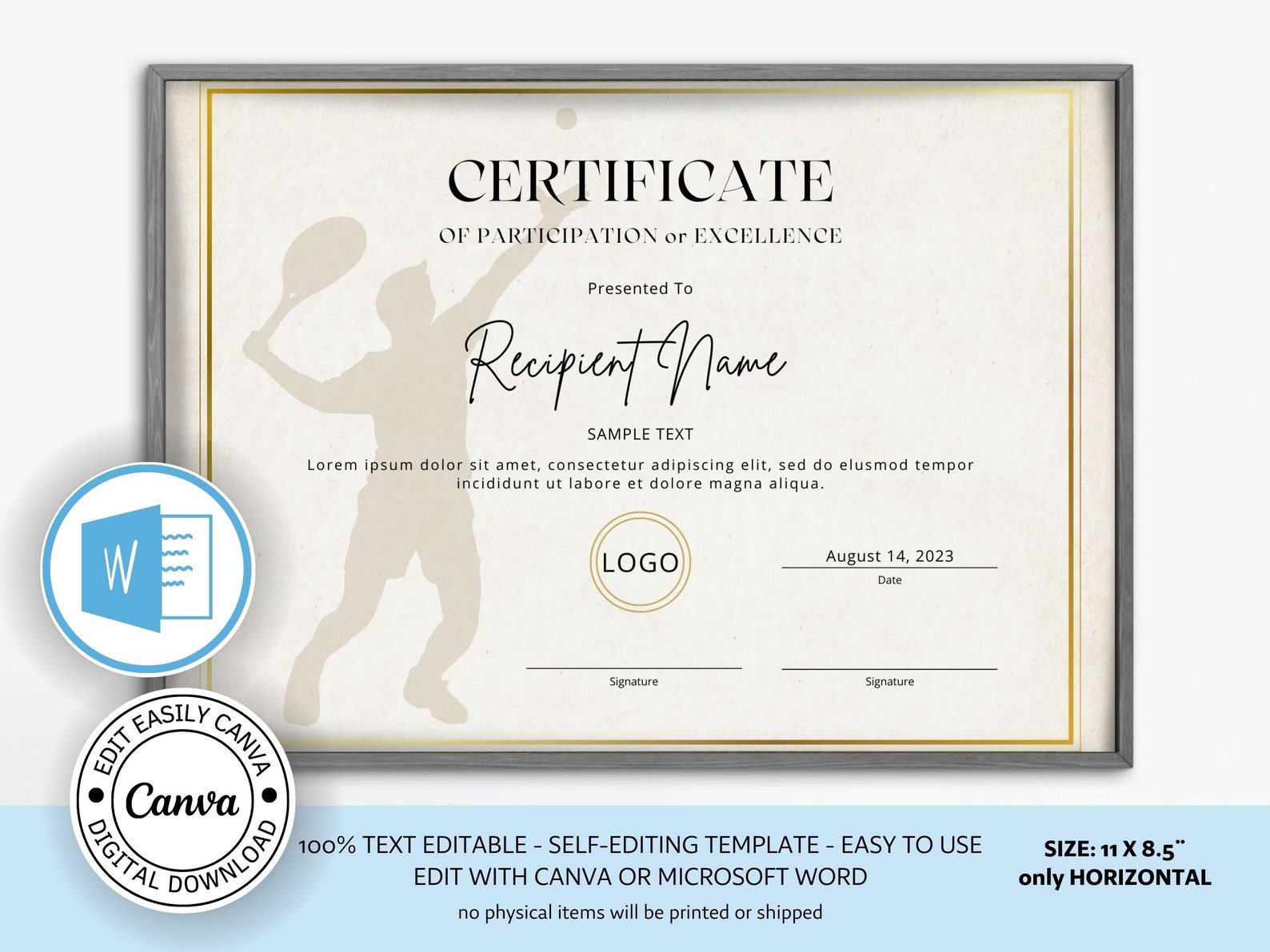 Editable Certificate of Participation or Excellence. Tennis - Etsy