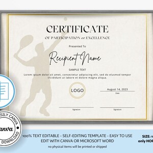 Editable Certificate of Participation or Excellence. Tennis - Etsy
