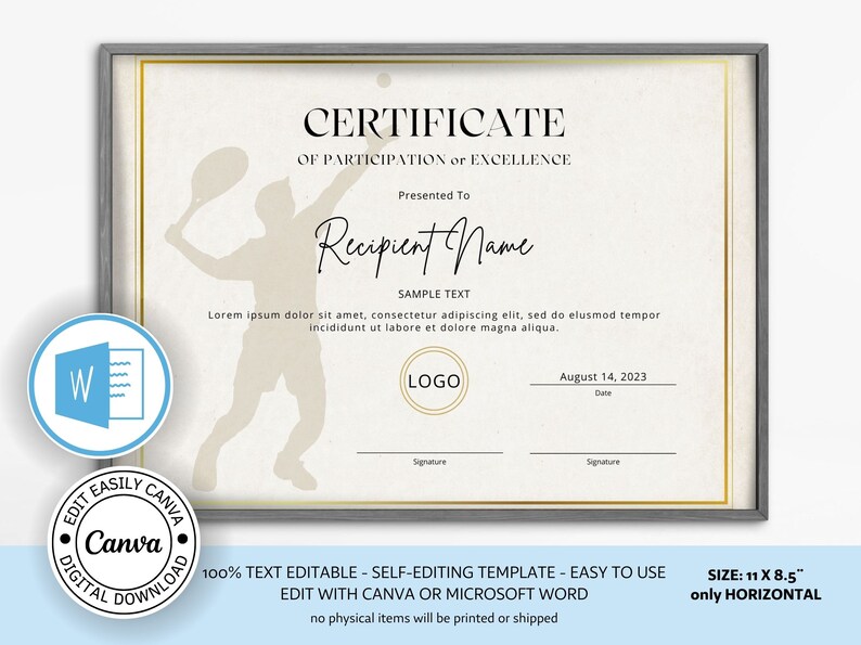 Editable Certificate of Participation or Excellence. Tennis - Etsy