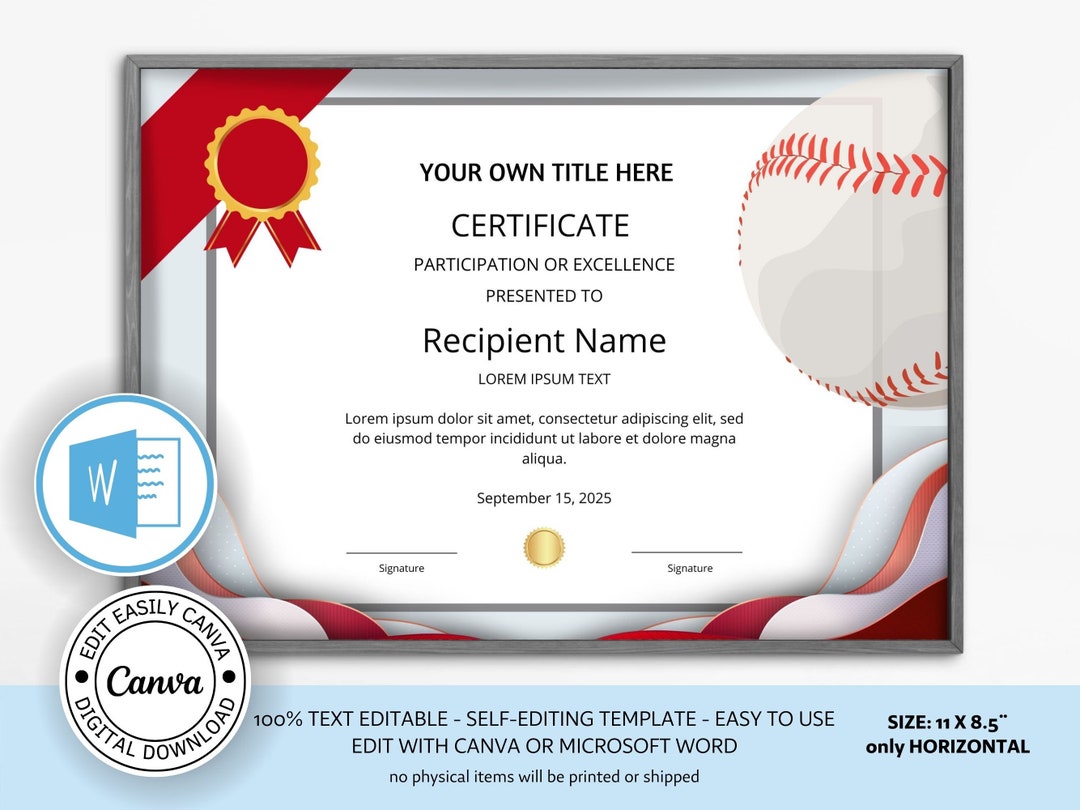 Editable Baseball Sports Certificate Template With Photo. - Etsy