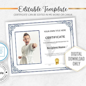 Editable Karate Martial Arts Certificate Template With Photo. - Etsy