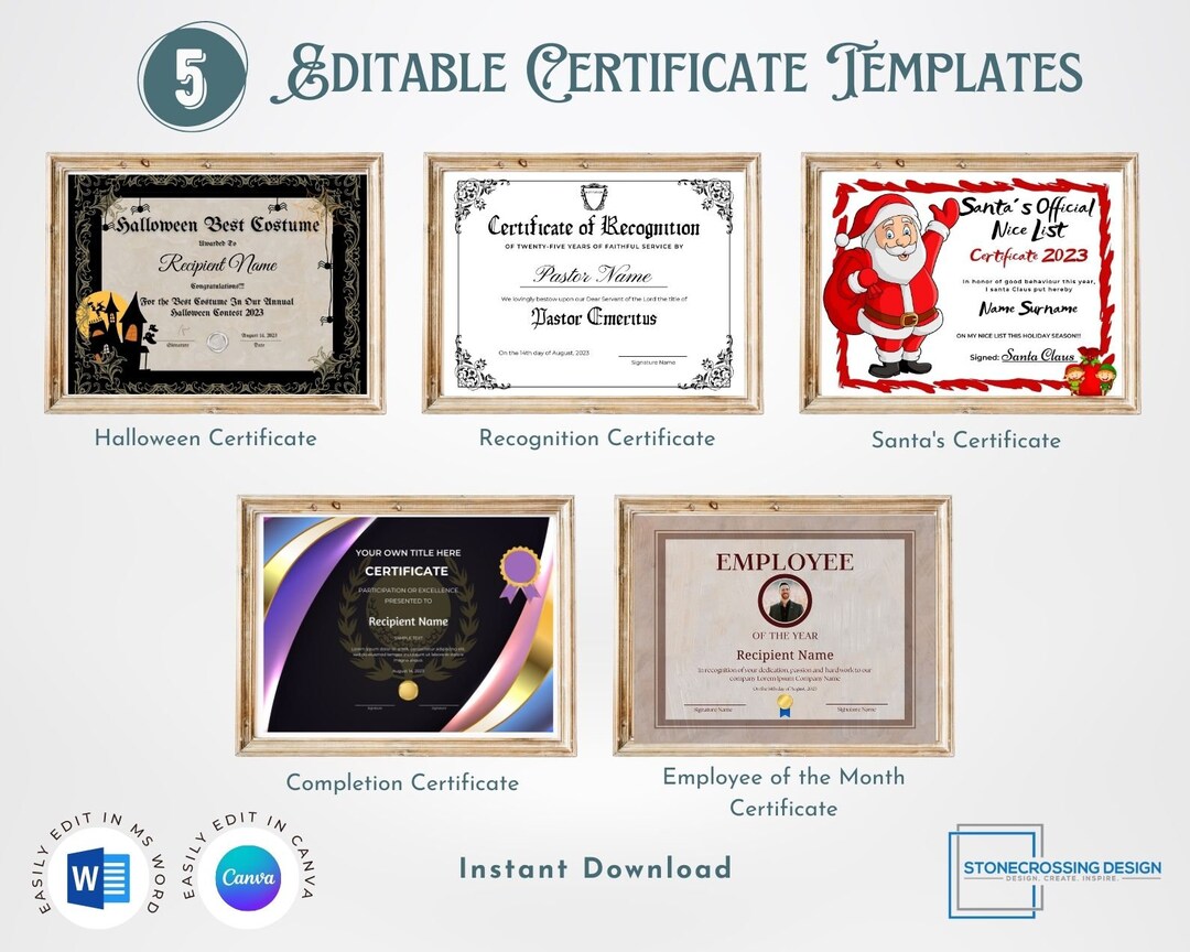 Editable Year-end Festivities Bundle Certificates: Halloween, Santa ...