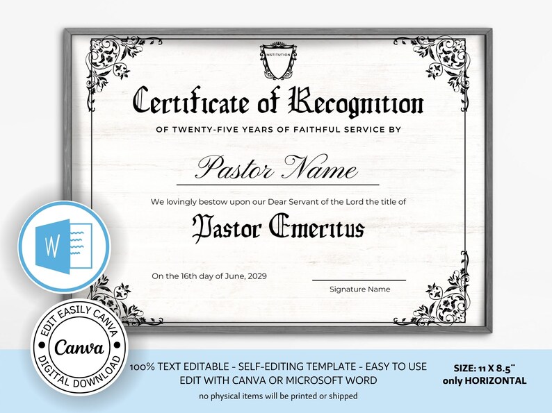 Editable Certificate of Recognition Template. Award Template. - Etsy