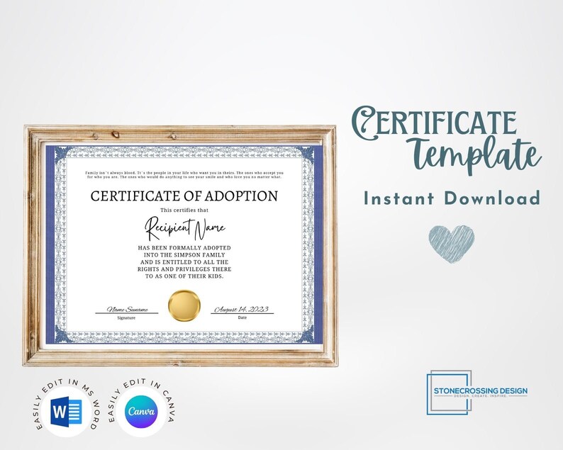 Editable Certificate of Adoption Template. Adoption Certificate ...