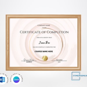Editable Certificate of Completion Template. Award Template. Printable ...