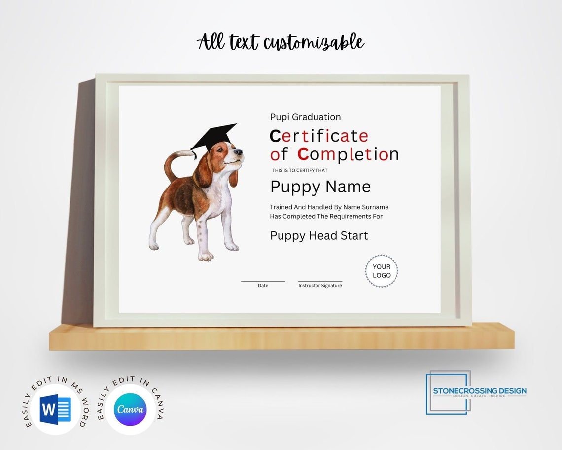 Editable Certificate of Completion for Dog Template. Award Template ...