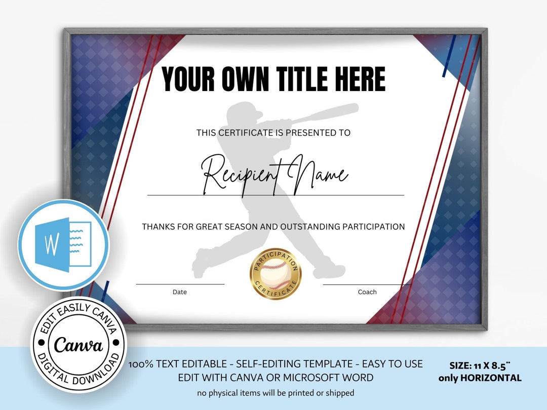 Editable Baseball Sports Certificate. Recognizing Sporting - Etsy