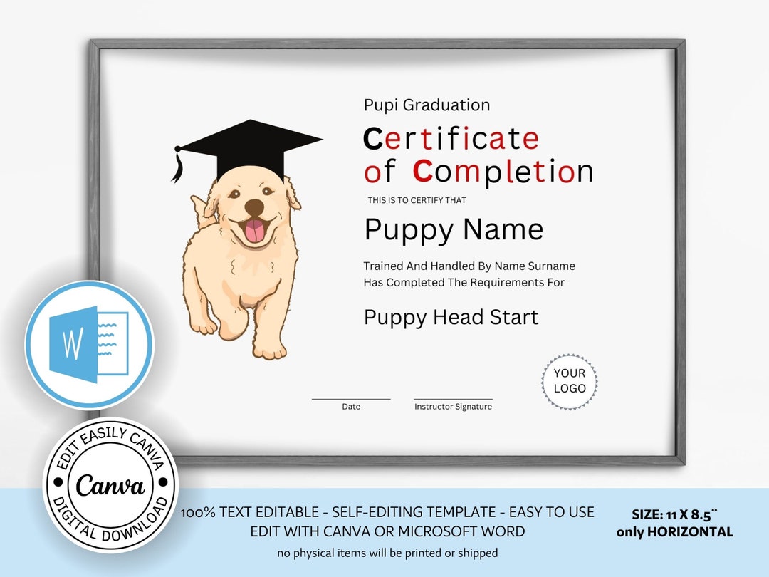 Editable Certificate of Completion for Dog Template. Award - Etsy