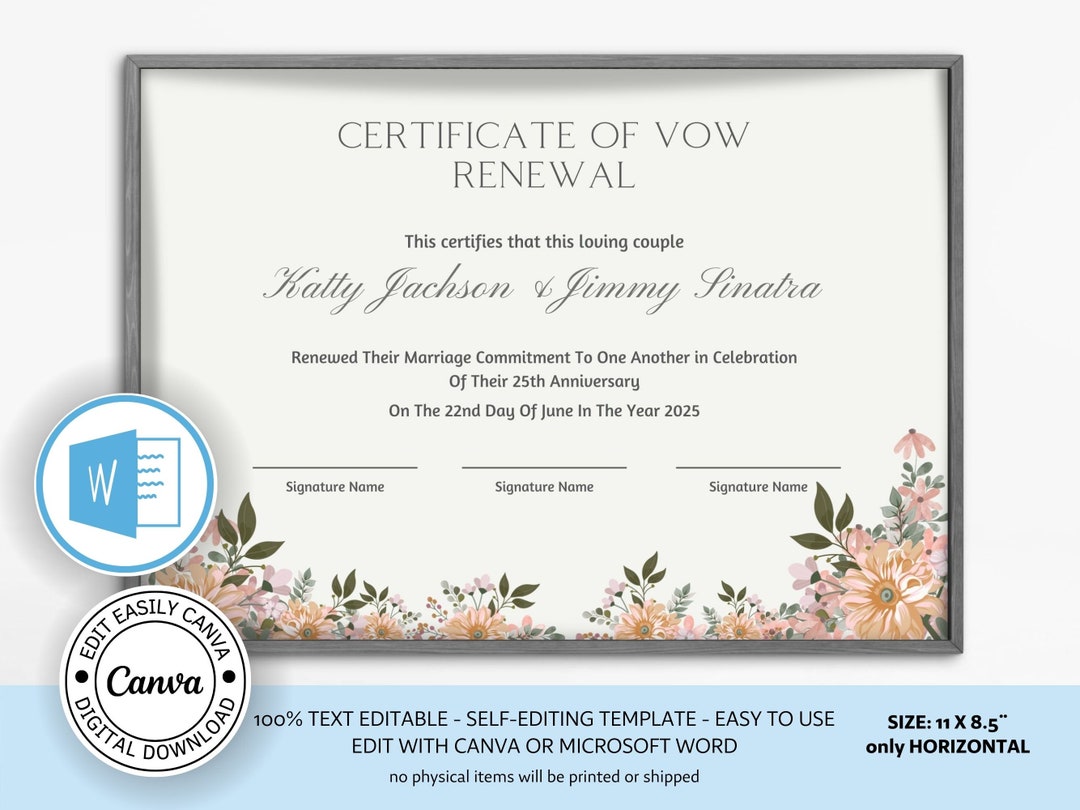 Editable Certificate of Vow Renewal Template. Marriage - Etsy