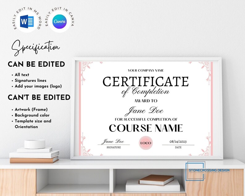 Editable Certificate of Completion Template. Award Template. Printable ...