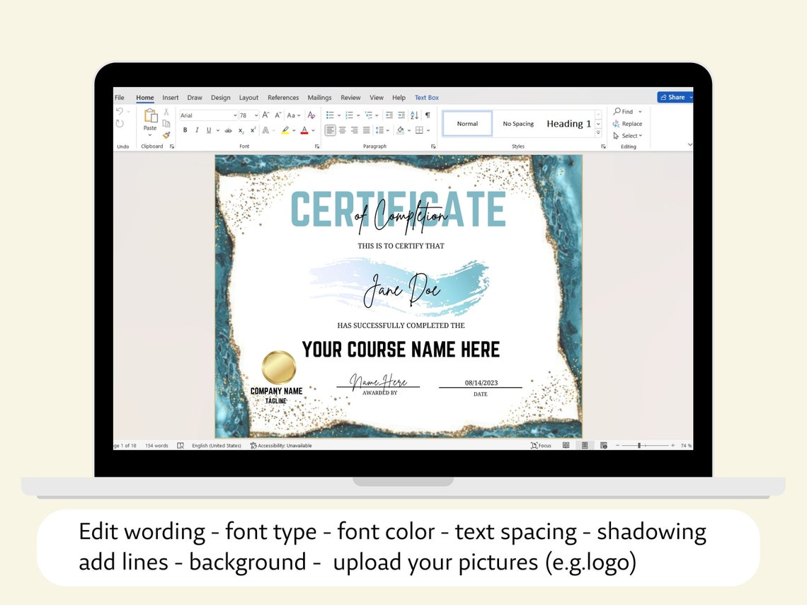 Editable Certificate of Completion Template. Award Template. - Etsy