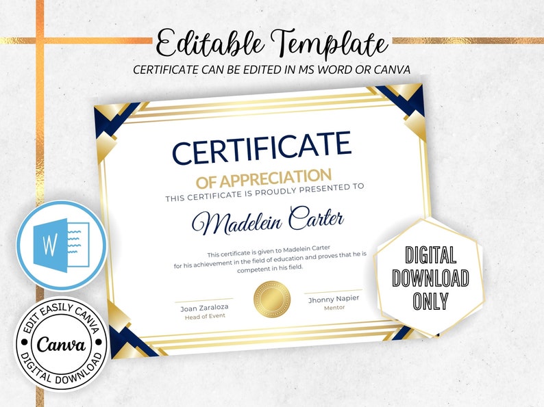 Editable Certificate of Appreciation Template. Award Template. - Etsy
