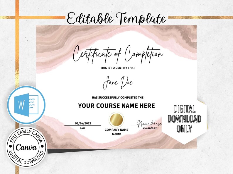 Editable Certificate of Completion Template. Award Template. - Etsy