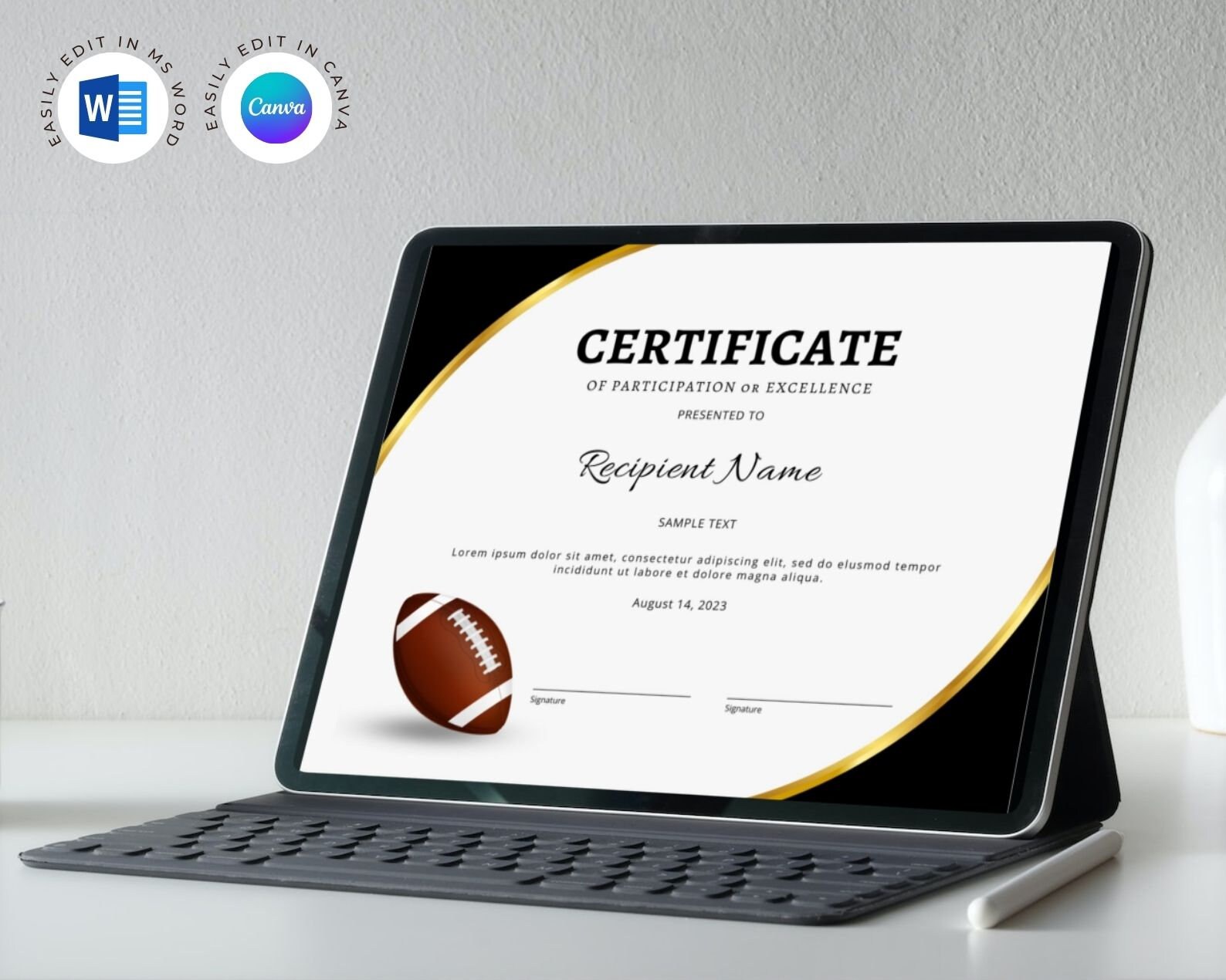 Editable Certificate of Participation or Excellence. Football Award ...