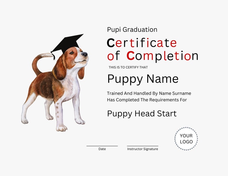 Editable Certificate of Completion for Dog Template. Award - Etsy