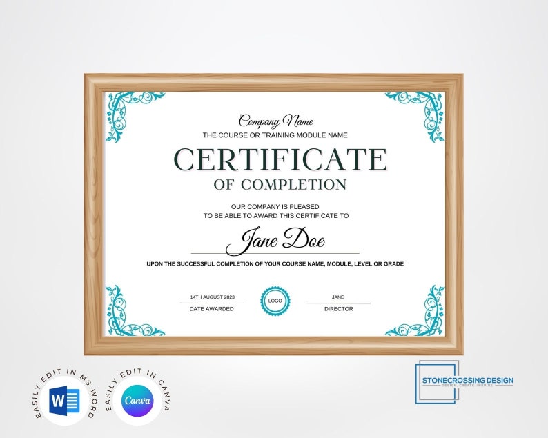 Editable Certificate of Completion Template. Award Template. Printable ...