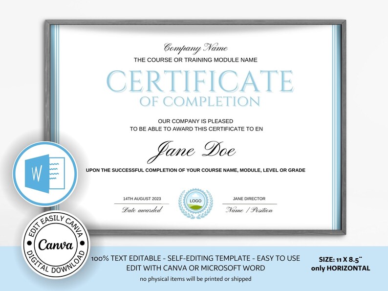 Editable Certificate of Completion Template. Award Template. - Etsy