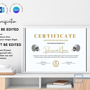 Editable Certificate of Participation or Excellence. Football Award ...