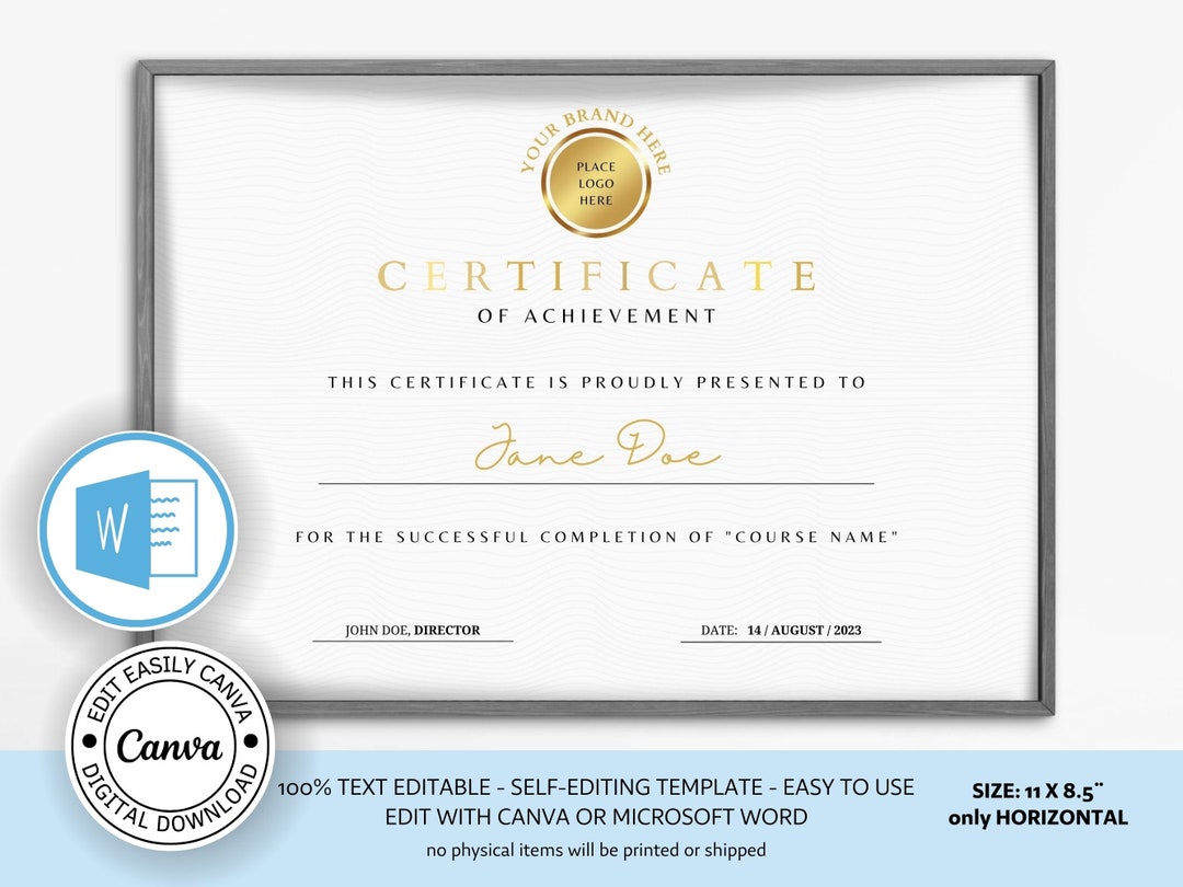 Editable Certificate of Achievement Template. Award Template. - Etsy