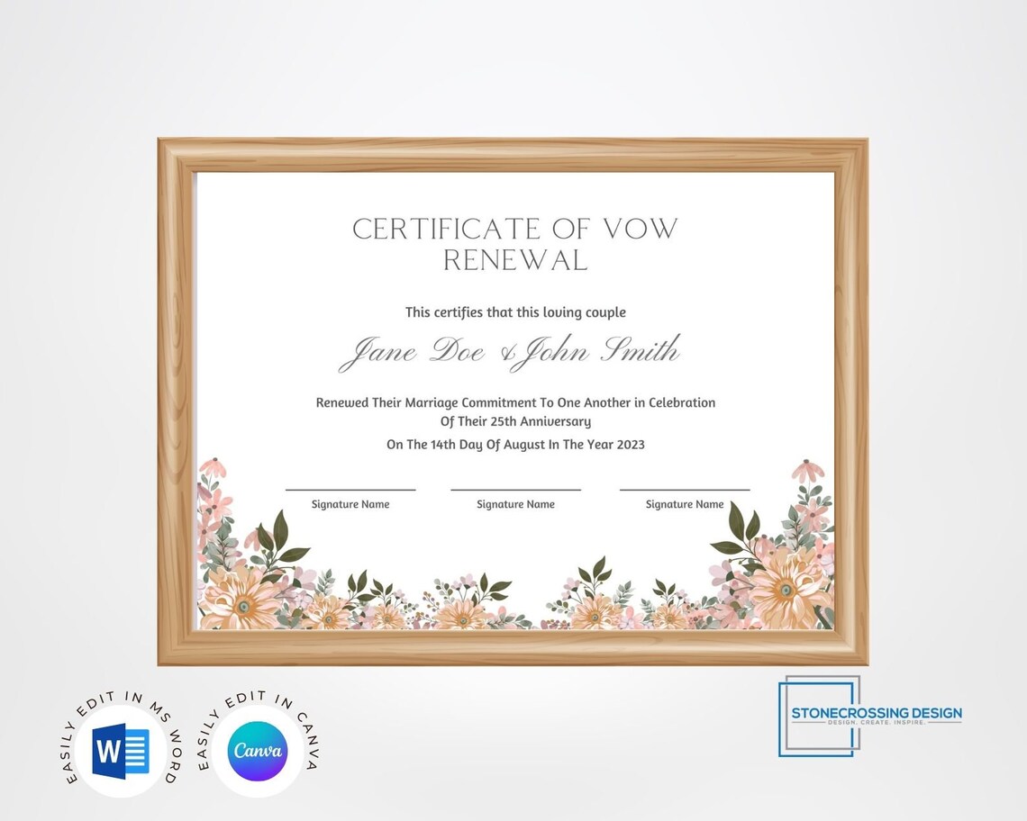 Editable Certificate of Vow Renewal Template. Marriage - Etsy
