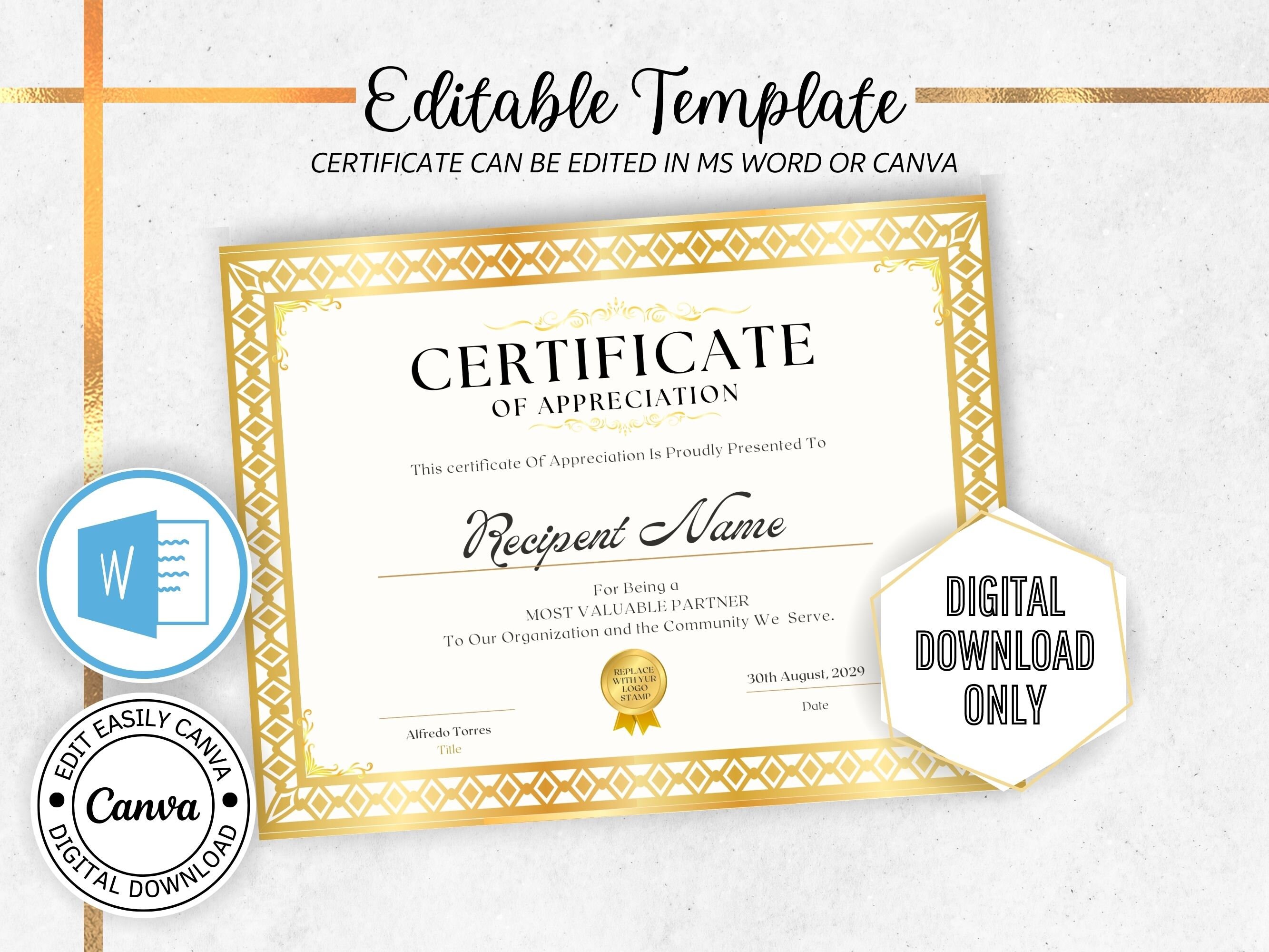 Editable Certificate of Achievement Template. Award Template. - Etsy